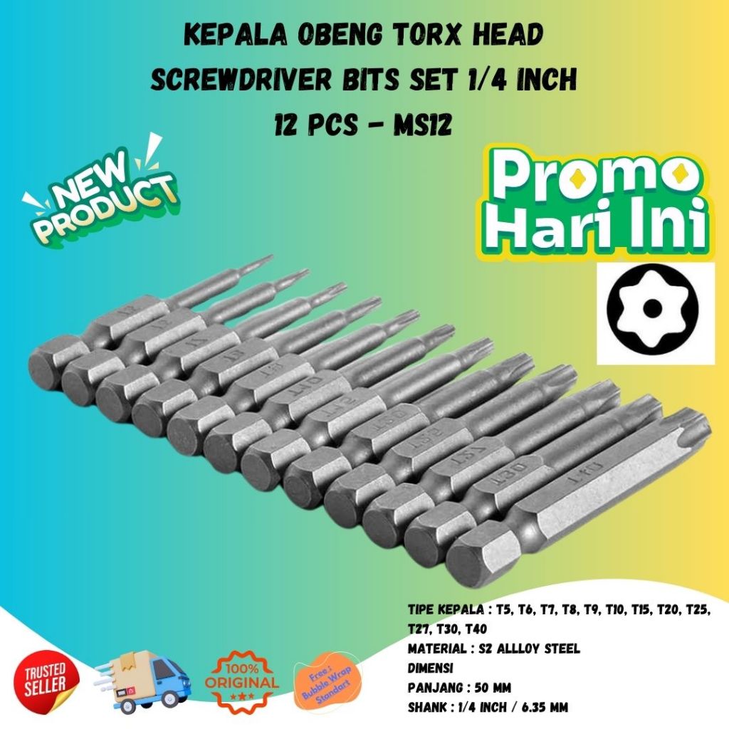 Jual Kepala Obeng Torx Head Screwdriver Bits Set 1/4 Inch 12pcs Kuat ...