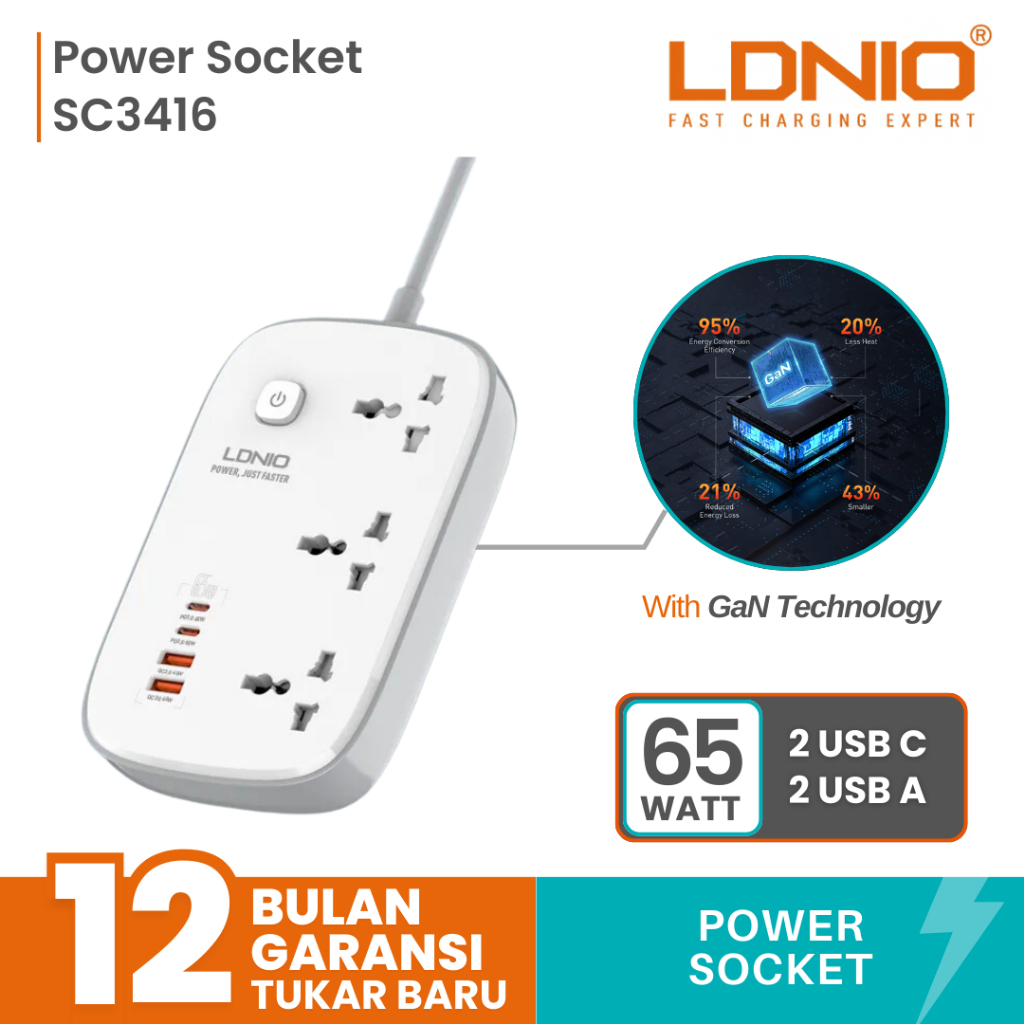 Jual LDNIO Power Strip 3 Socket SC3416 3250W 4 USB 65W GaN Charger ...