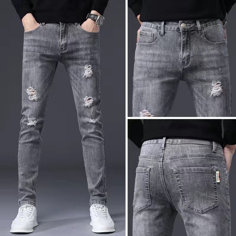 Jual Celana jeans slim fit pria sobek stretch korean style jeans grey ...