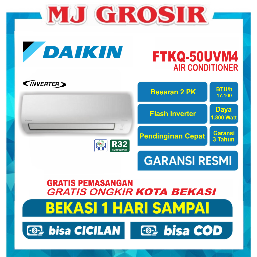 Jual AC DAIKIN FTKQ 50 UVM4 RKQ 2 PK + PASANG R32 FLASH INVERTER LOW WATT | Shopee Indonesia