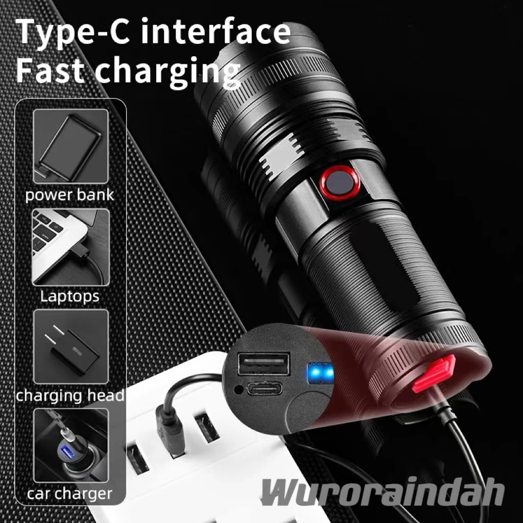 Jual Senter LED Super Terang Jarak Jauh 2000 meter Zoomable Senter Anti Air Senter LED USB C ...