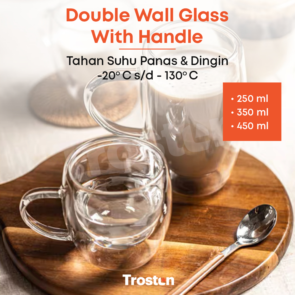 Jual Trosten Double Wall Glass Coffee Tea with Handle / Gelas Kaca Kopi ...