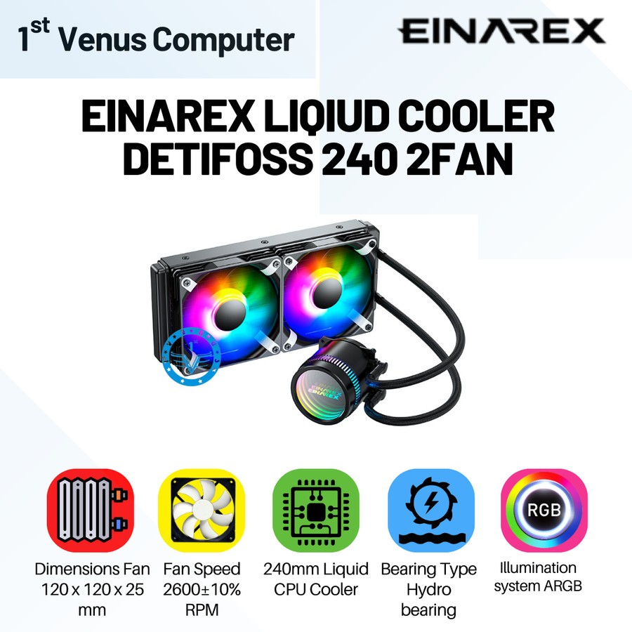Jual Cpu Einarex Dettifoss 240 Liquid Cooler ARGB 2 Fan Black / FAN01-ERX | Shopee Indonesia