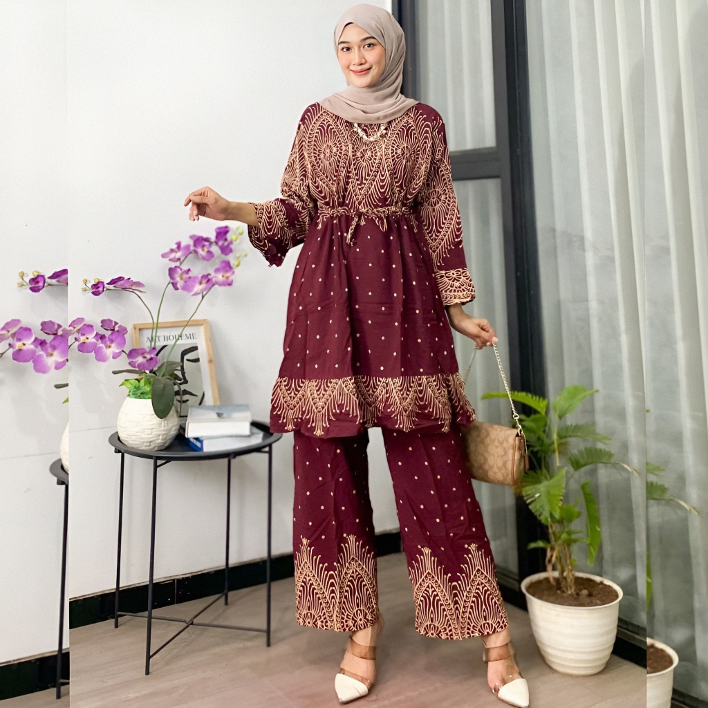 Jual One Set Wanita Tiedye Setelan Tunik LD 120 Tali Motif Batik Semprot Rayon Premium Busui ...