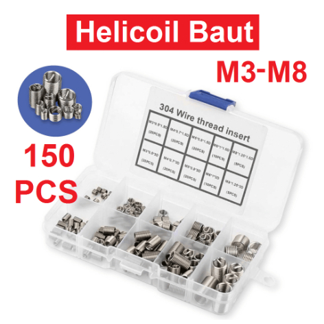 Jual 150PCS Set M3-M8 Recoil Helicoil BAUT KUNCI Thread Insert Screws ...