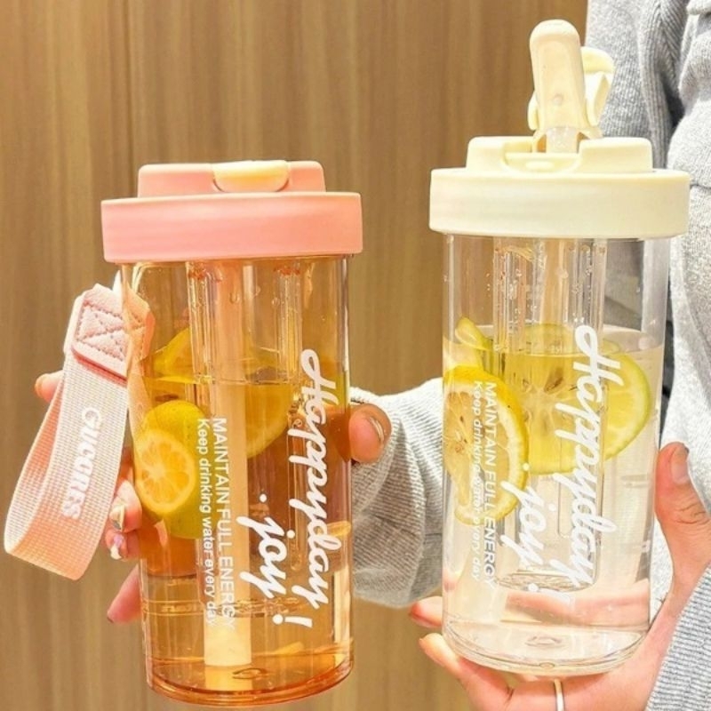 Jual BOTOL MINUM TRENDY HAPPY DAY JOY SEDOTAN SARINGAN TALI 600ML KODE ...