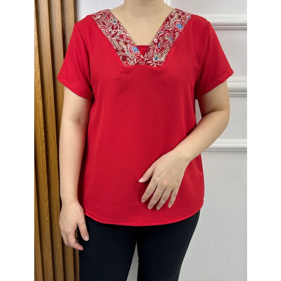 Jual LVL - Blouse Combi Batik Vivie Atasan Baju Imlek Merah Blus Vneck ...