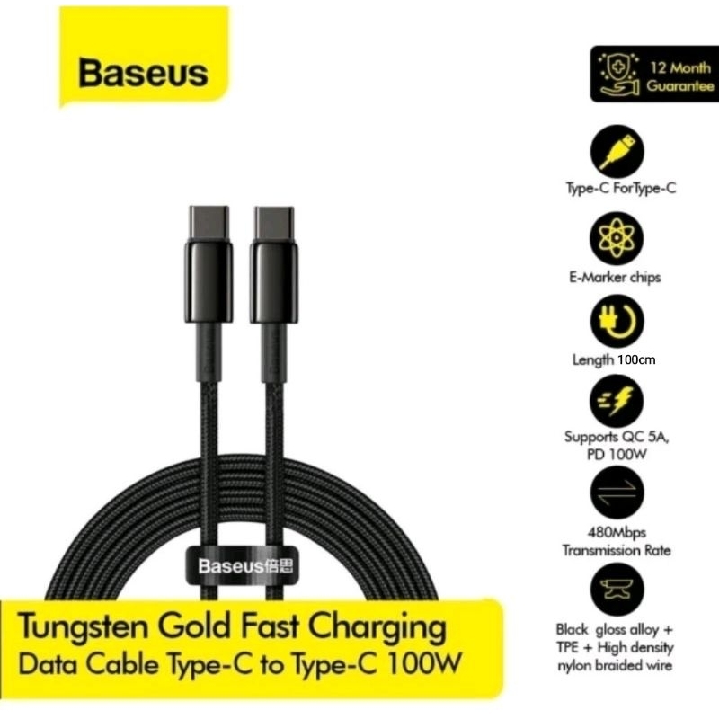 Jual BASEUS TUNGSTEN GOLD KABEL FAST CHARGING PD TYPE C TO TYPE C 100W | Shopee Indonesia