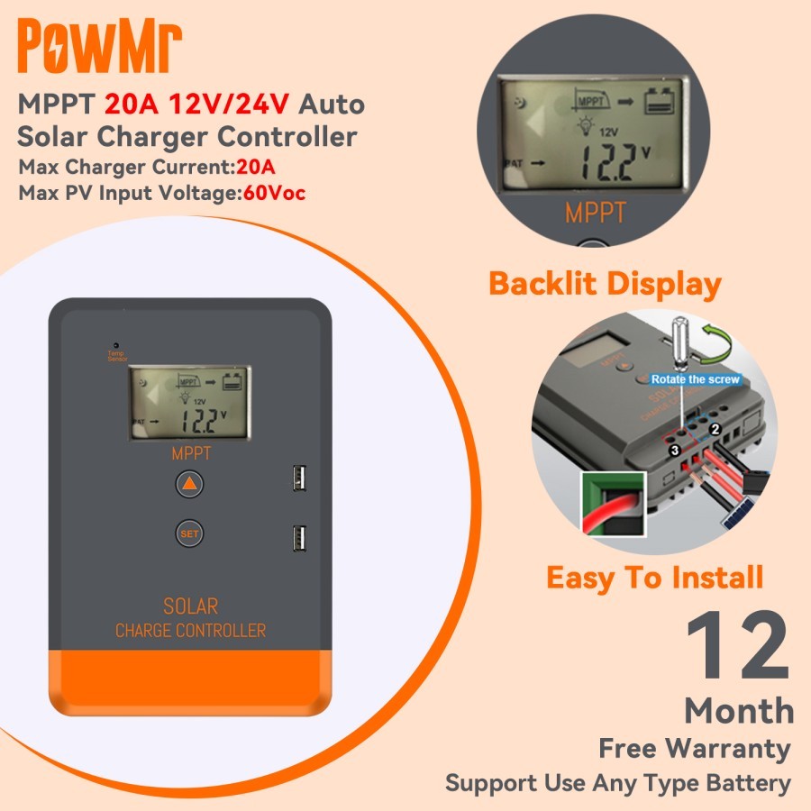Jual Terlaris PowMr 20A MPPT Solar Charger Controller 12V 24V PV Max Input 60Voc | Shopee Indonesia