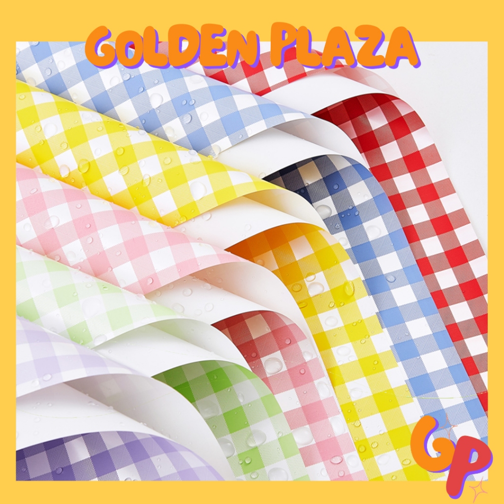 Jual Kertas Buket Bunga Motif Gingham Kotak List Gold Polos Berwarna ...