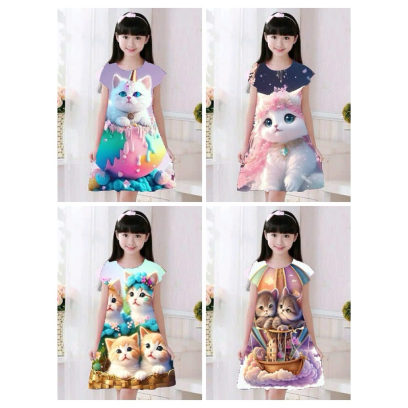 Jual dres anak perempuan gambar kucing animasi lucu u/anak 2-11 thn ...