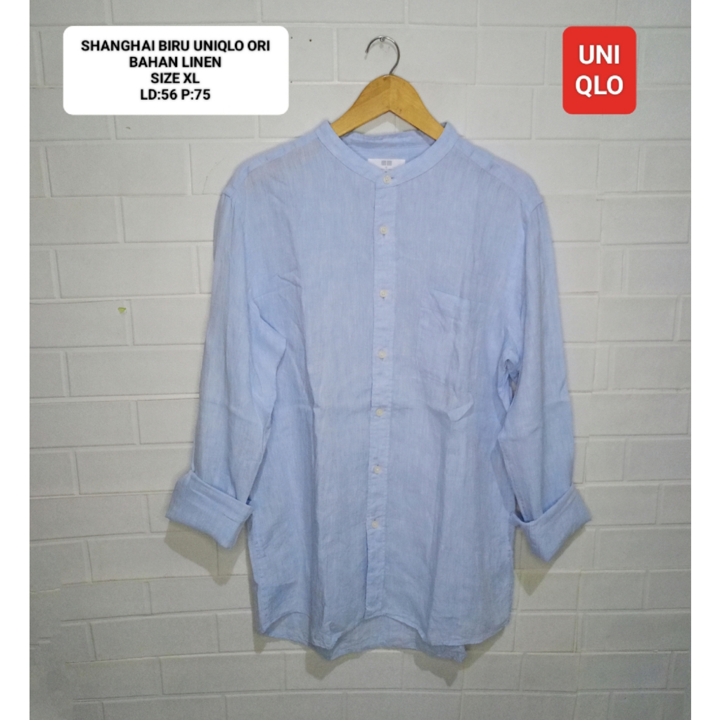 Jual KEMEJA UNIQLO BIRU KERAH SHANGHAI SIZE XL BAHAN LINEN | Shopee Indonesia