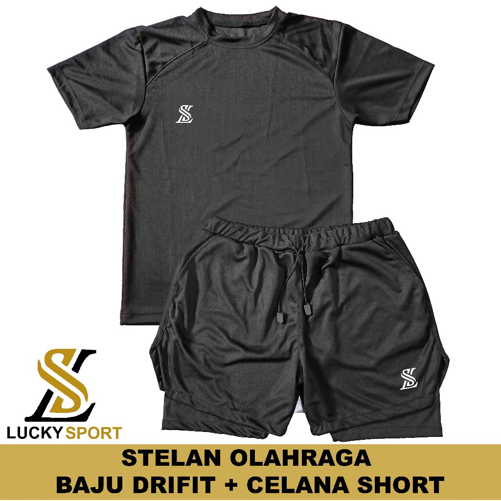 Jual Setelan Olahraga Pria Double Layer 1 Set Baju Kaos Dryfit Celana ...