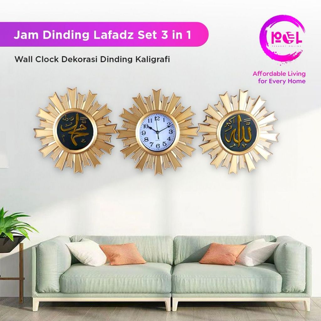 Jual Hiasan Wall Decor Gold | Jam Dinding Cermin Set Isi 3 Pcs | | Jam ...