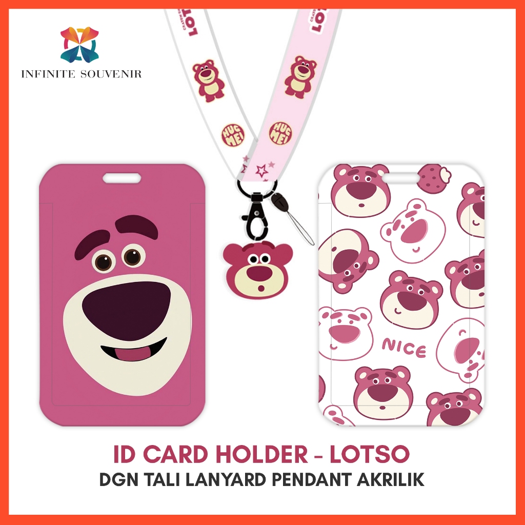 Jual [N003] LOTSO / Name Tag ID Card Holder Motif Bear Stroberi Pink Tali Lanyard Pendant ...