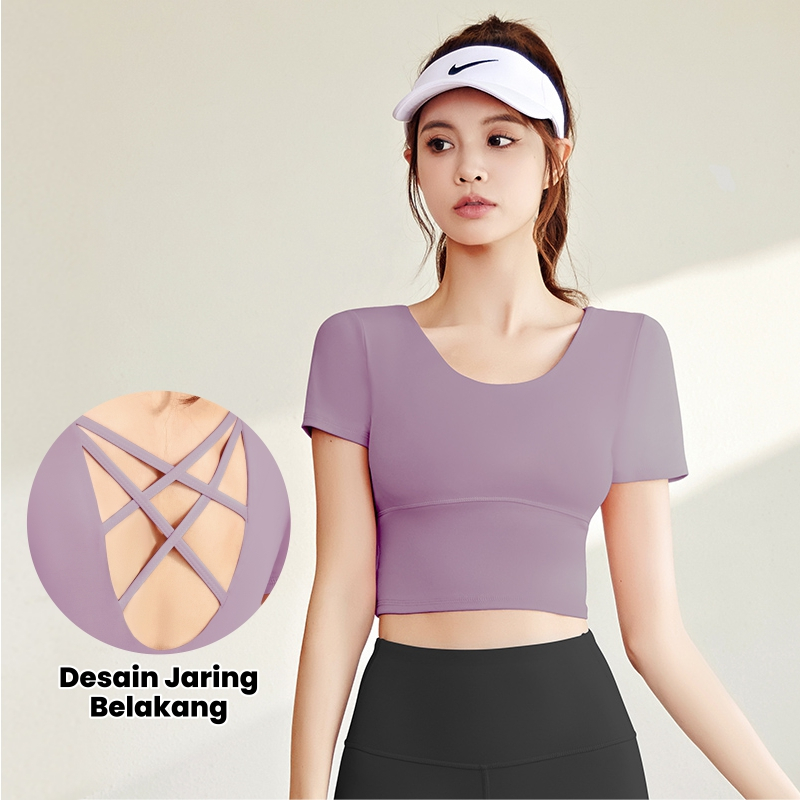 Jual Pakaian Olahraga Wanita Fit Body Open Back Crop Top Lengan Pendek YF075 | Shopee Indonesia