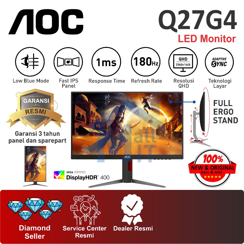 Jual Monitor AOC GAMING Q27G4 27" IPS QHD 2K 1440p 180Hz HDMI DP HDR ERGO | Shopee Indonesia