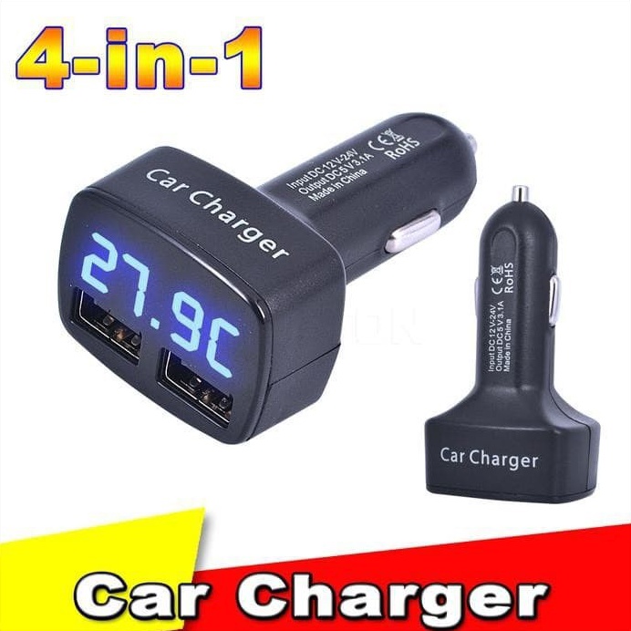 Jual KODE Q42G Charger Mobil 4 In 1 USB Voltmeter Ampere Meter Temperature Suhu Car Charger with ...