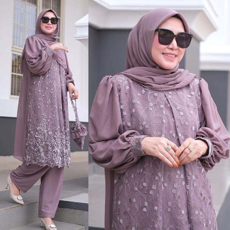 Jual Vallina Outfit - Lexi One Set Brokat Long Tunic Setelan Wanita ...