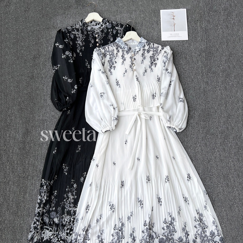 Jual Sweeta Midi Dress Plisket Double Layer Lengan Balon Ld 105cm Ceruty Full Furing