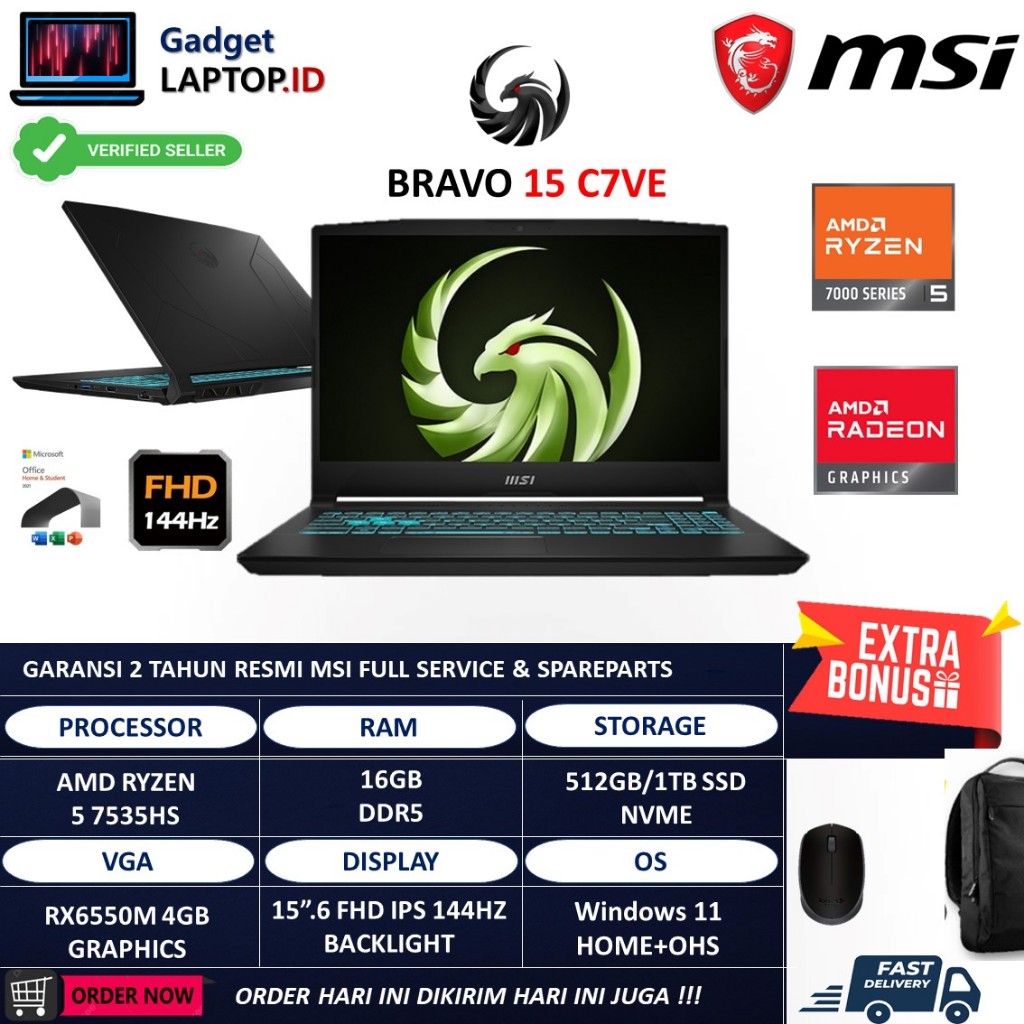 Jual MSI BRAVO 15 C7VE AMD RYZEN 5 7535HS DDR5 32GB 1TB SSD RX6550M 4GB ...