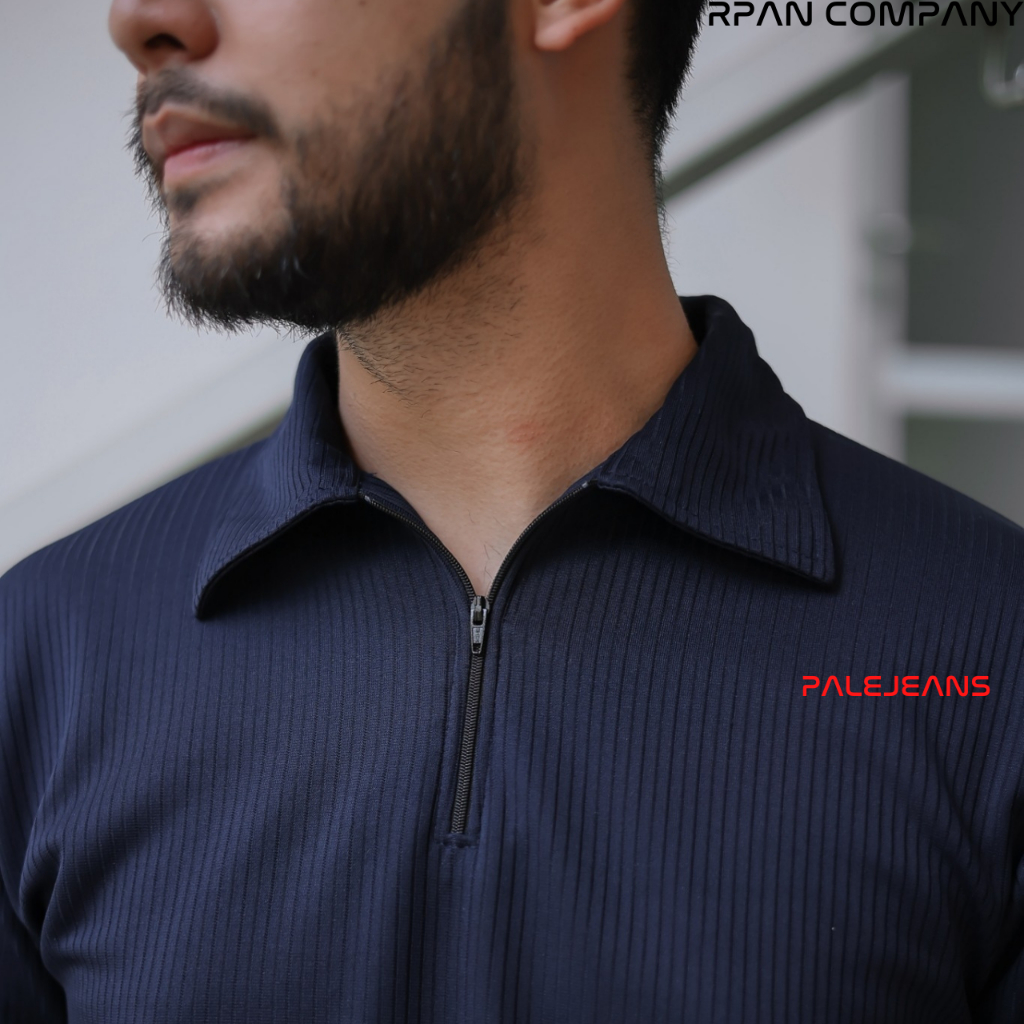 Jual Polo Shirt Knit Motif Salur Kecil Zipper Half Zipp Pria / Baju ...