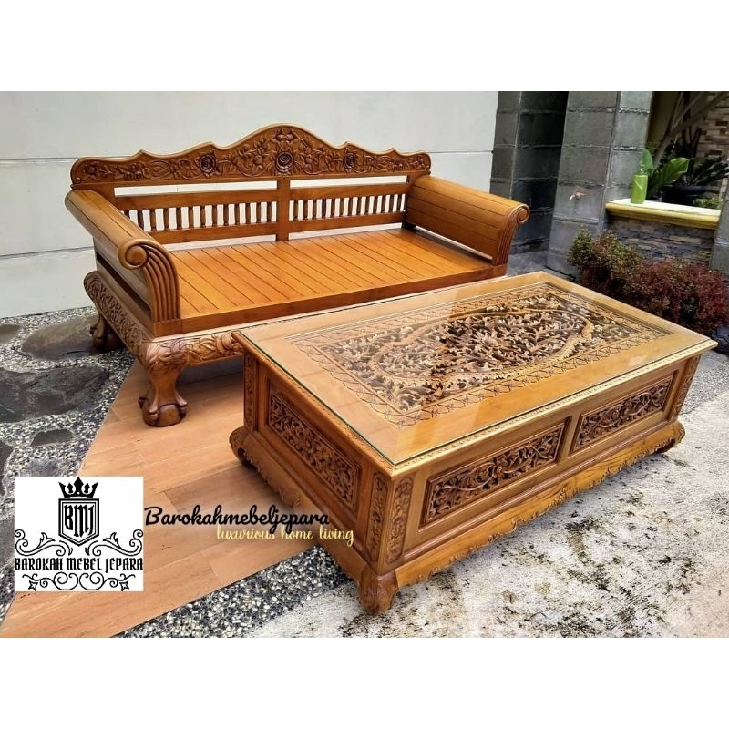 Jual bangku bale bale jati jumbo ukir plus meja kopi jati , bale bale ...