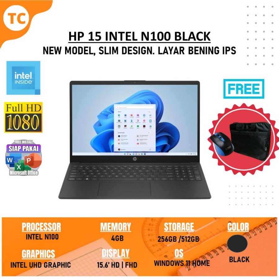 Jual Laptop Sekolah Baru HP 15 Intel N100 Ram 8GB 512GB FHD Windows 11 ...