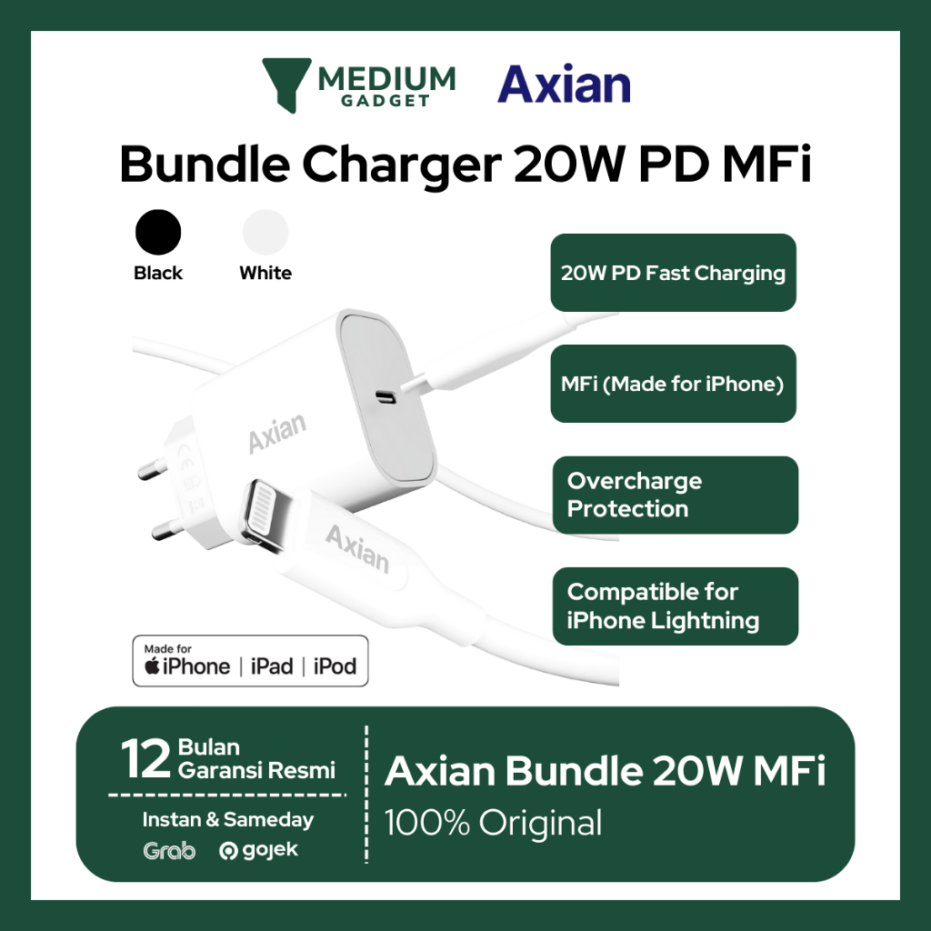 Jual AXIAN Wall Adaptor 20W PD + Kabel Charger iPhone MFi USB C to ...