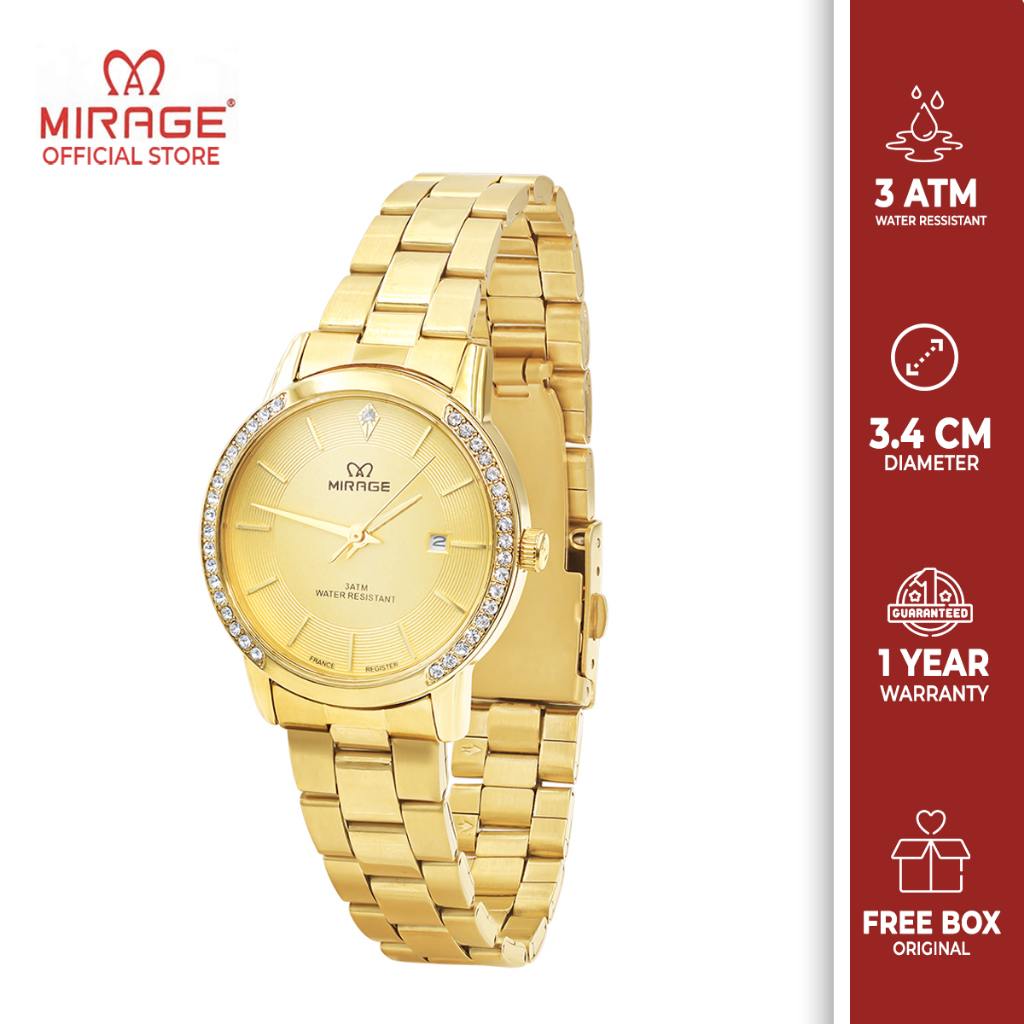 Jual Mirage Analog Jam Tangan Wanita Emas Permata Stainless Gold Anti ...