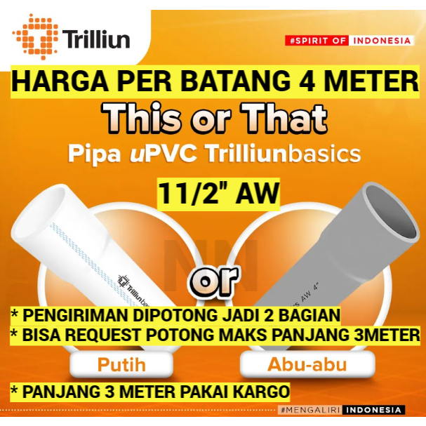 Jual PIPA 11/2 DIM INCH AW 1 BATANG 4 METER PIPA AIR PIPA PVC PRALON PARALON TRILLIUN PUTIH ABU ...