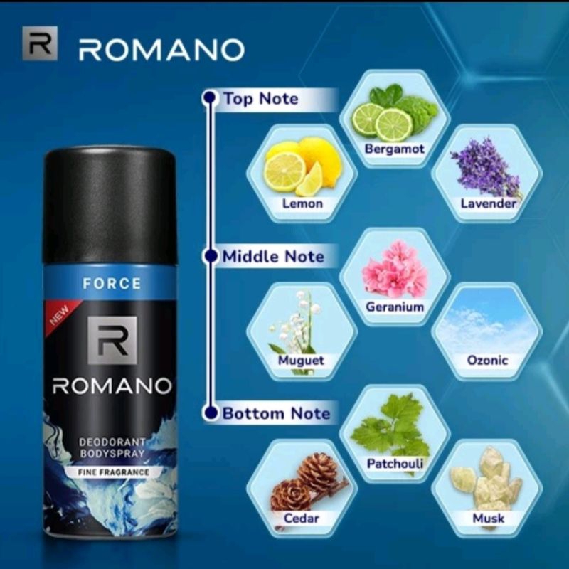Jual ROMANO Deodorant Body Spray Fine Fragrance Force 150ml | Shopee ...