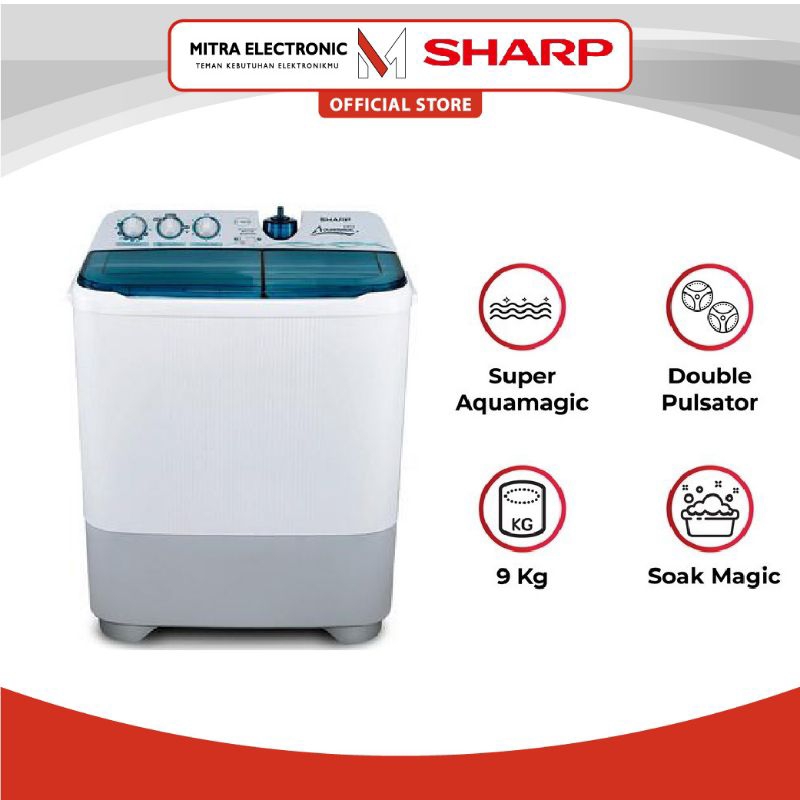 Jual Sharp Mesin Cuci 2 Tabung 9 Kg ES-T95CR Super Aquamagic-blue Twin Tube Mode Hijab Garansi ...