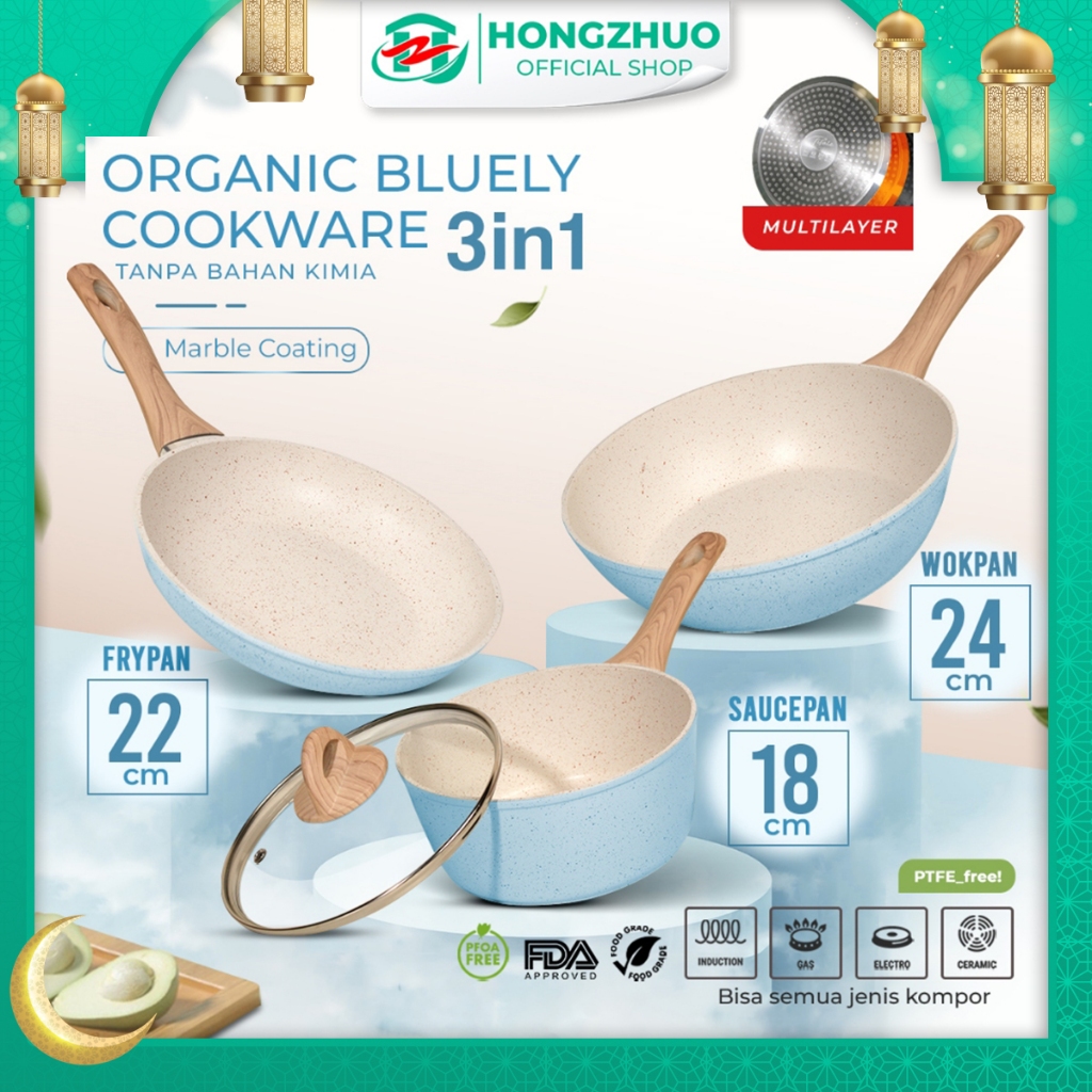 Jual Tifale by Hongzhuo 3in1 Organic Bluely Cookware Marble Coated Anti lengket Handle Bakelite ...