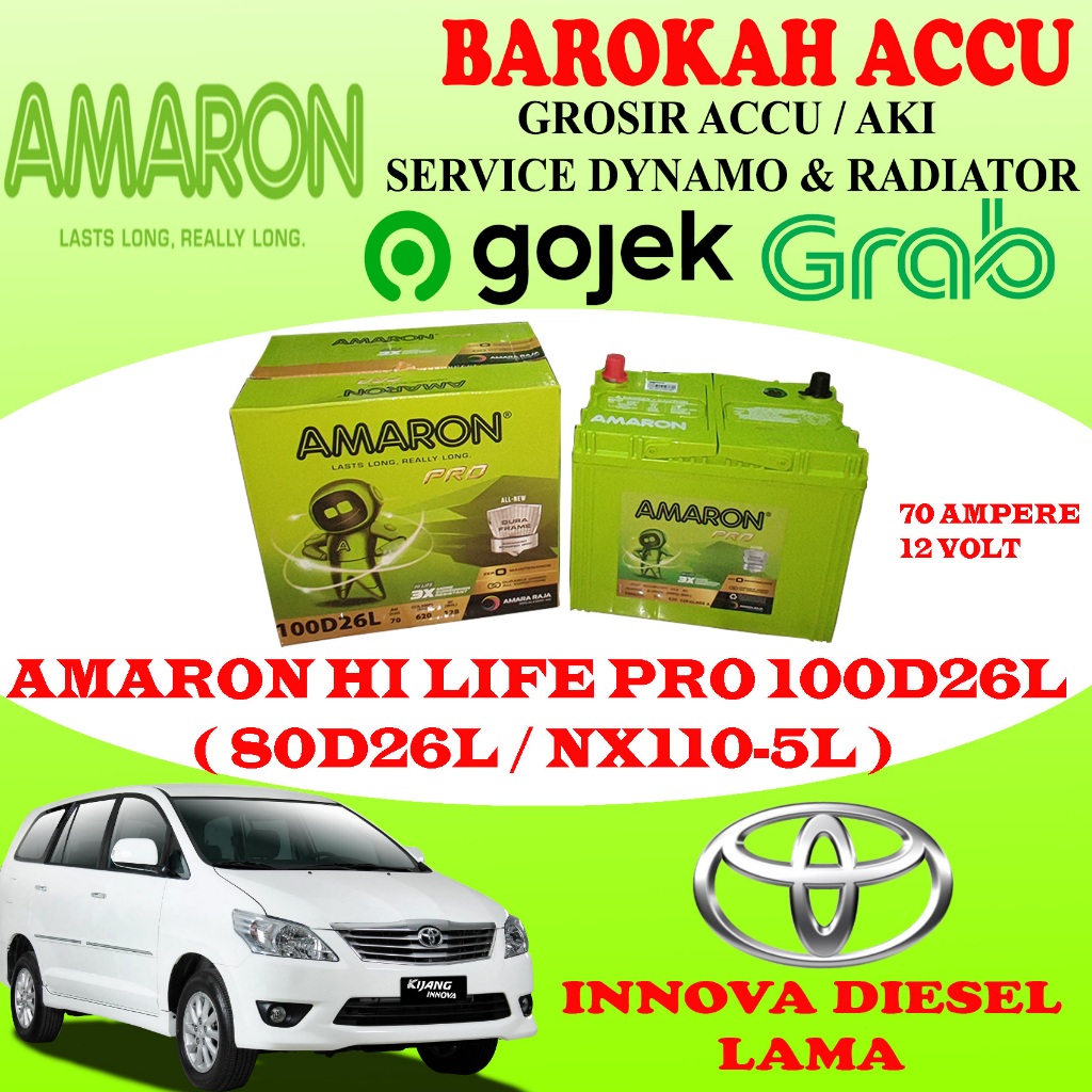 Jual AKI MOBIL TOYOTA INNOVA DIESEL LAMA AMARON HI LIFE PRO 100D26L / 80D26L / NX110-5L , 70 AH ...