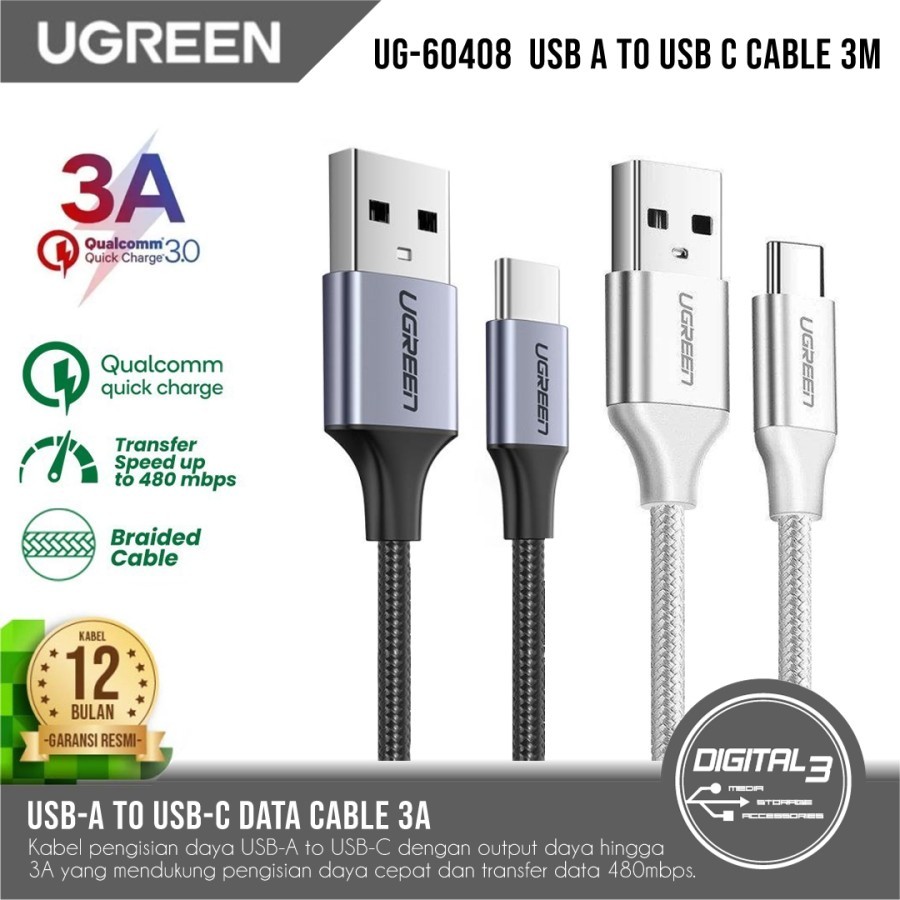 Jual UGREEN 60408 Cable USB A to USB C Data Kabel 3M / 3 Meter Fast ...