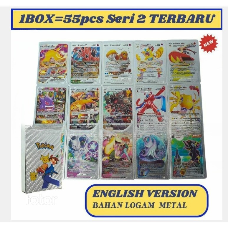 Jual Kartu Pokemon 1 box 55pcs Charizard Pikachu cards Bahan Metal Emas Silver Bahasa English ...