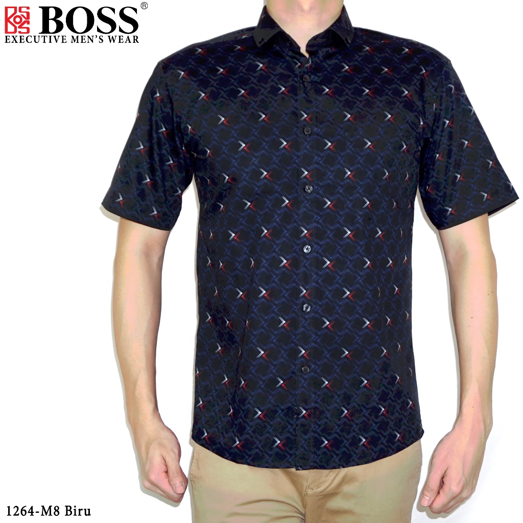 Jual BOSS Kemeja Motif Pria Lengan Pendek Slim Fit 1264 Biru Navy Hitam ...
