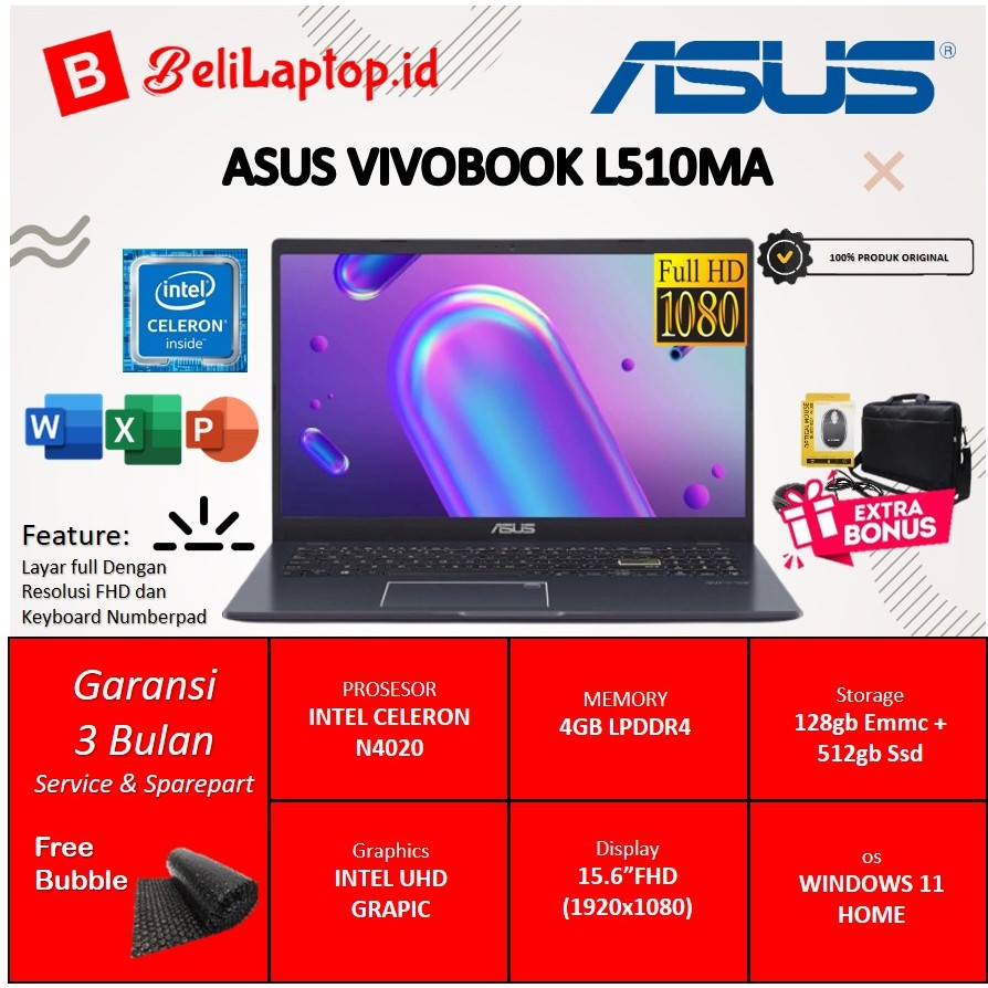 Jual Laptop Asus Vivobook L510MA Intel Celeron RAM 4GB 512 GB PEACOOK ...
