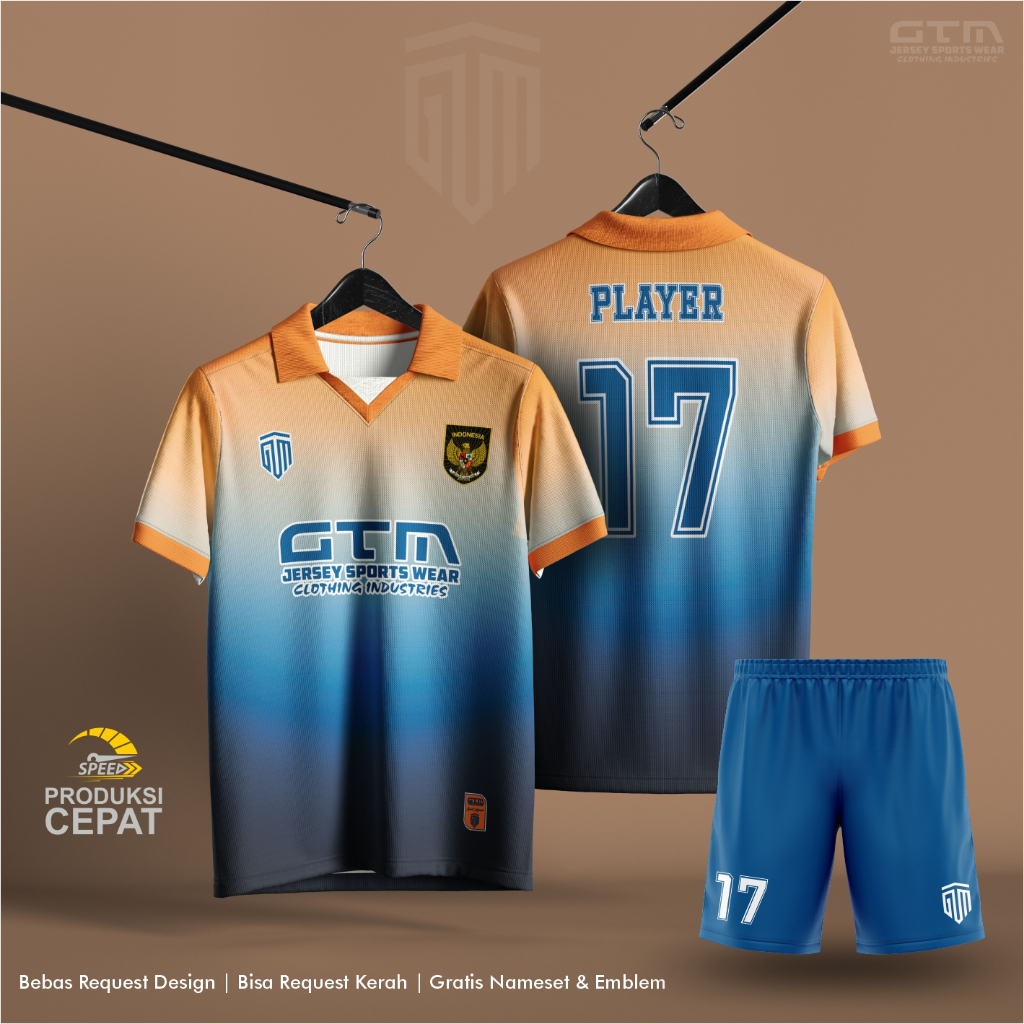 Jual JERSEY BOLA FUTSAL GRADASI ORANGE BIRU KERAH RETRO ~ FREE CUSTOM ...