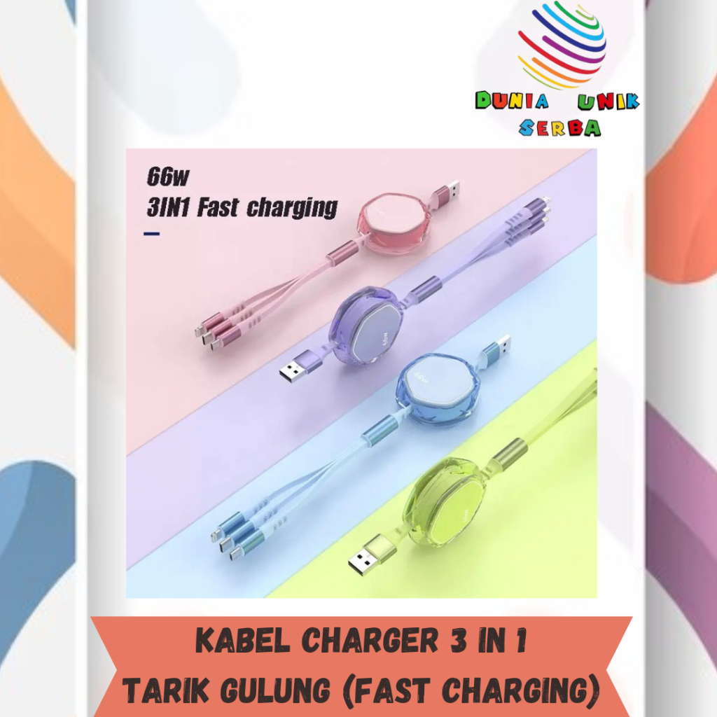 Jual KABEL CHARGER 3 IN 1 SUPER FAST CHARGING TARIK GULUNG 6A ...