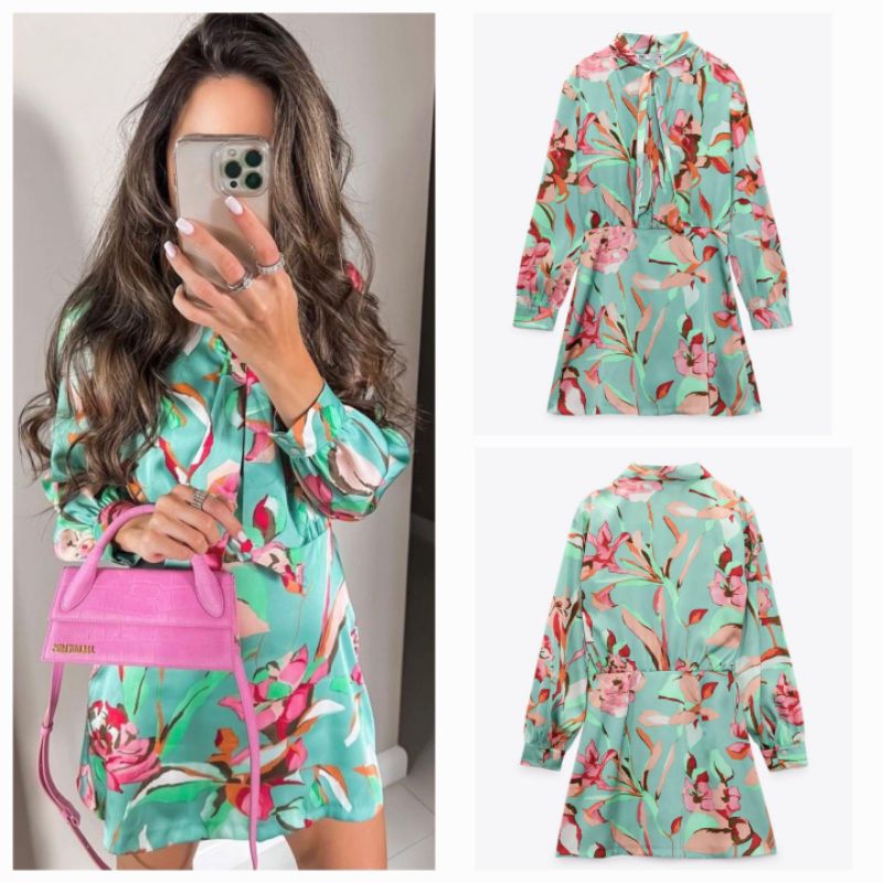 Jual ZARA WOMAN DRESS SATIN FLORAL PRINT BARU ASLI ORIGINAL | Shopee ...