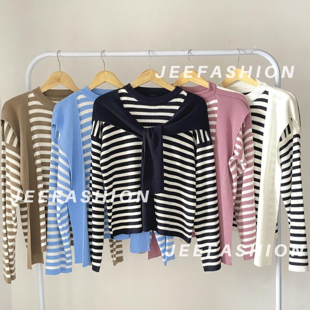 Jual Blouse Rajut ALIKA Motif Garis Stripes Model Syal Menyatu | Shopee ...