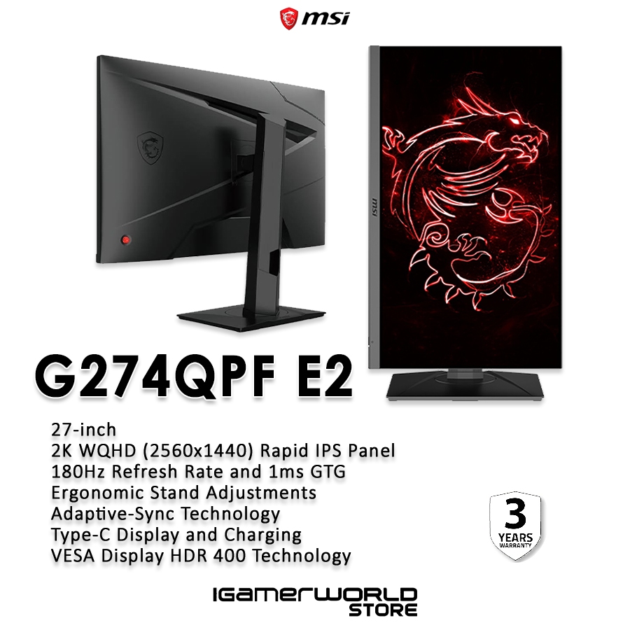 Jual MSI G274QPF E2 27 inch 2K WQHD 180Hz 1ms Rapid IPS Gaming Monitor | Shopee Indonesia