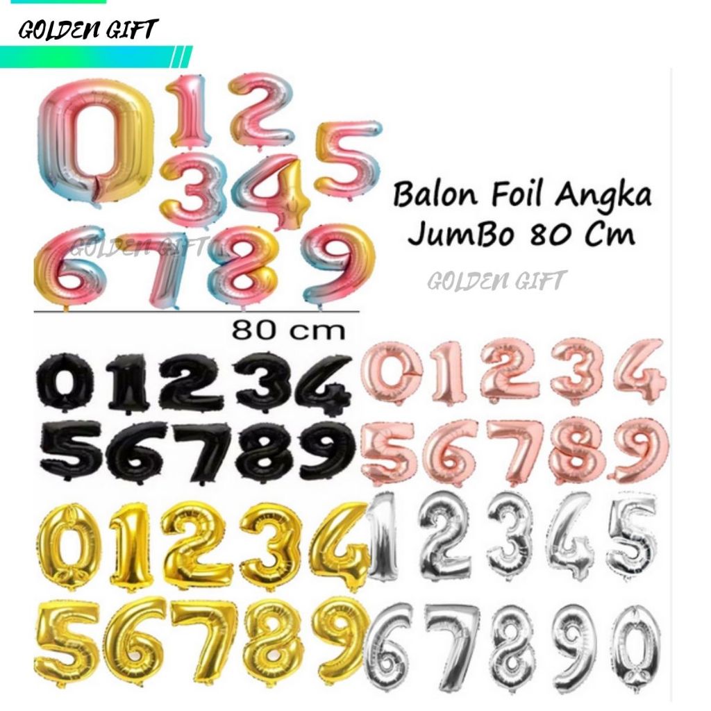 Jual Balon Foil Angka Gold / Silver / Rainbow Rosegold Hitam Ukuran 80 ...