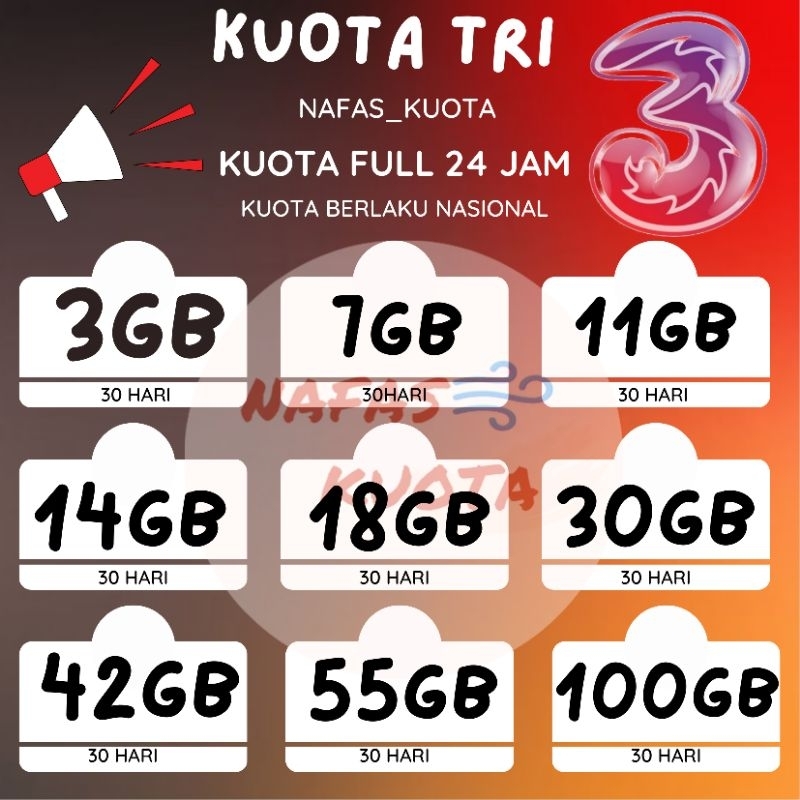 Jual MURAH Kuota Tri 1,5GB 2,5GB 4GB 5GB 12GB 52GB Unlimited | Paket Data Three Murah 24Jam Full ...