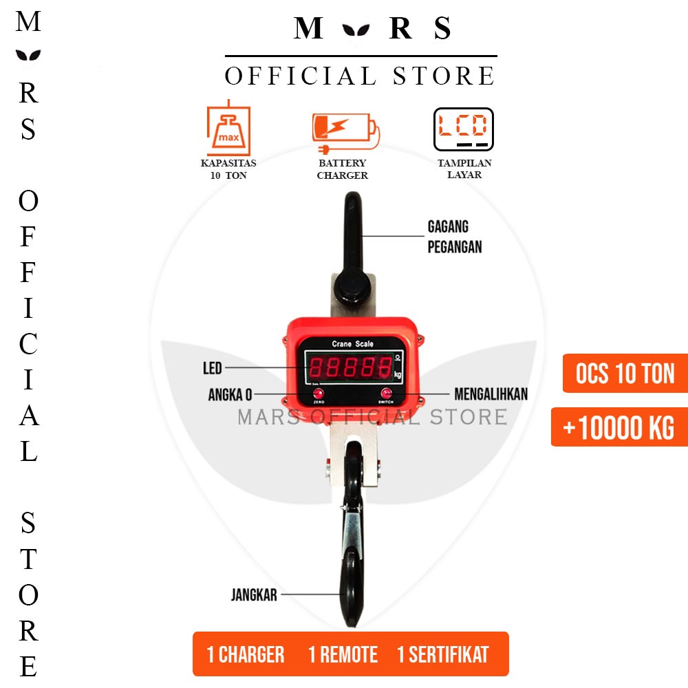 Jual OCS - 10T Timbangan Gantung Digital 10 TON / 100 Kg LED Elektronik Remote Kontrol Besi ...