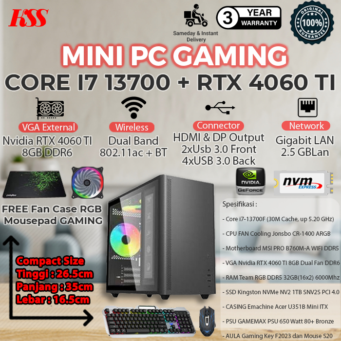 Jual [Baru] Mini PC Rakitan Core i7-13700K, RTX 4060 TI 8GB, NVME 1TB ...