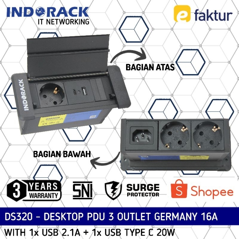 Jual DS320 - DESKTOP PDU INDORACK 3 Outlet 16A with 1x USB Type C ...