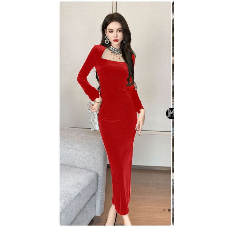 Jual GAUN LONGDRES BLUDRU SQUATE NECK TANGAN PANJANG BODYCON | Shopee ...